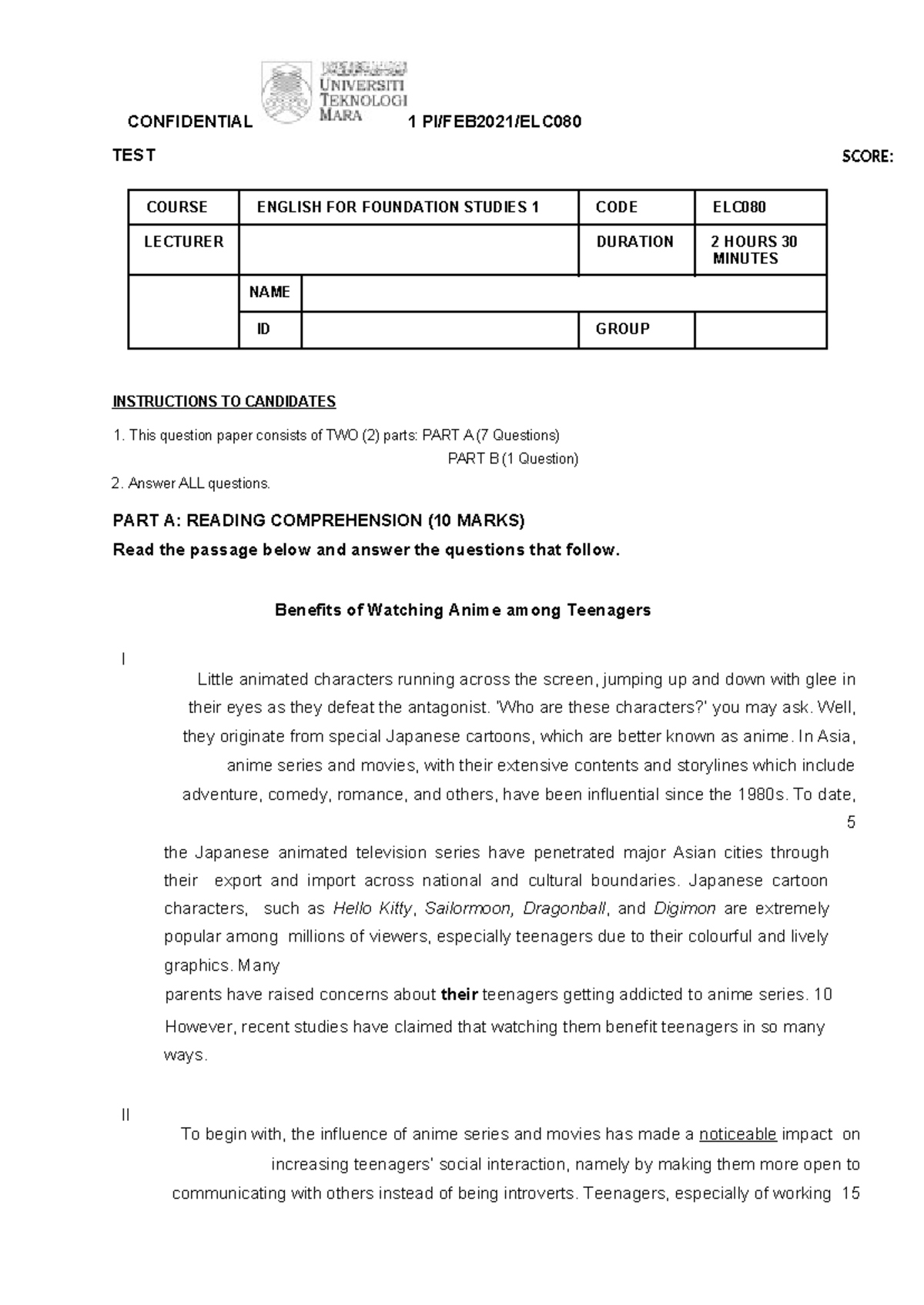 2. Midterm Test Feb 2021 Semester - CONFIDENTIAL 1 PI/FEB2021/ELC TEST ...