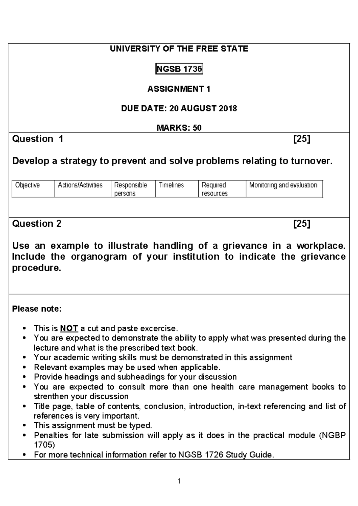 NGSB 1726 Assignment 1 - UNIVERSITY OF THE FREE STATE NGSB 1736 ...