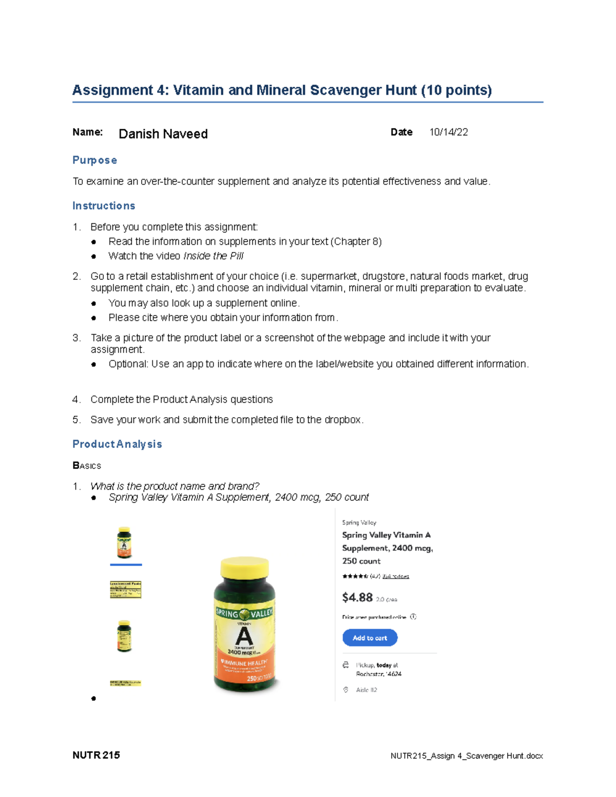 Assignment 4- Supplement Scavenger Hunt - Assignment 4: Vitamin and ...