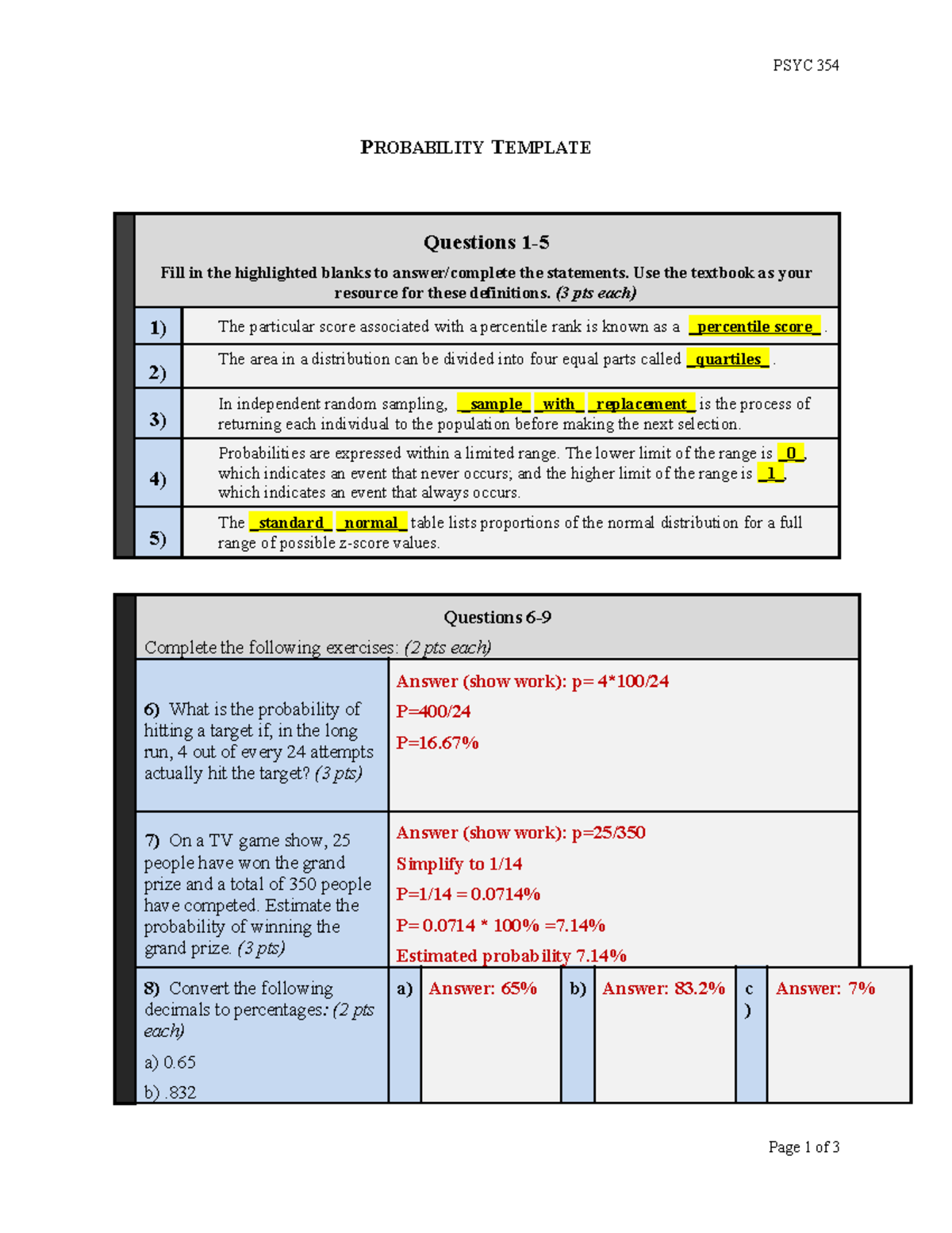 Probability Template KJ 1 - PSYC 354 PROBABILITY TEMPLATE Questions 1 ...