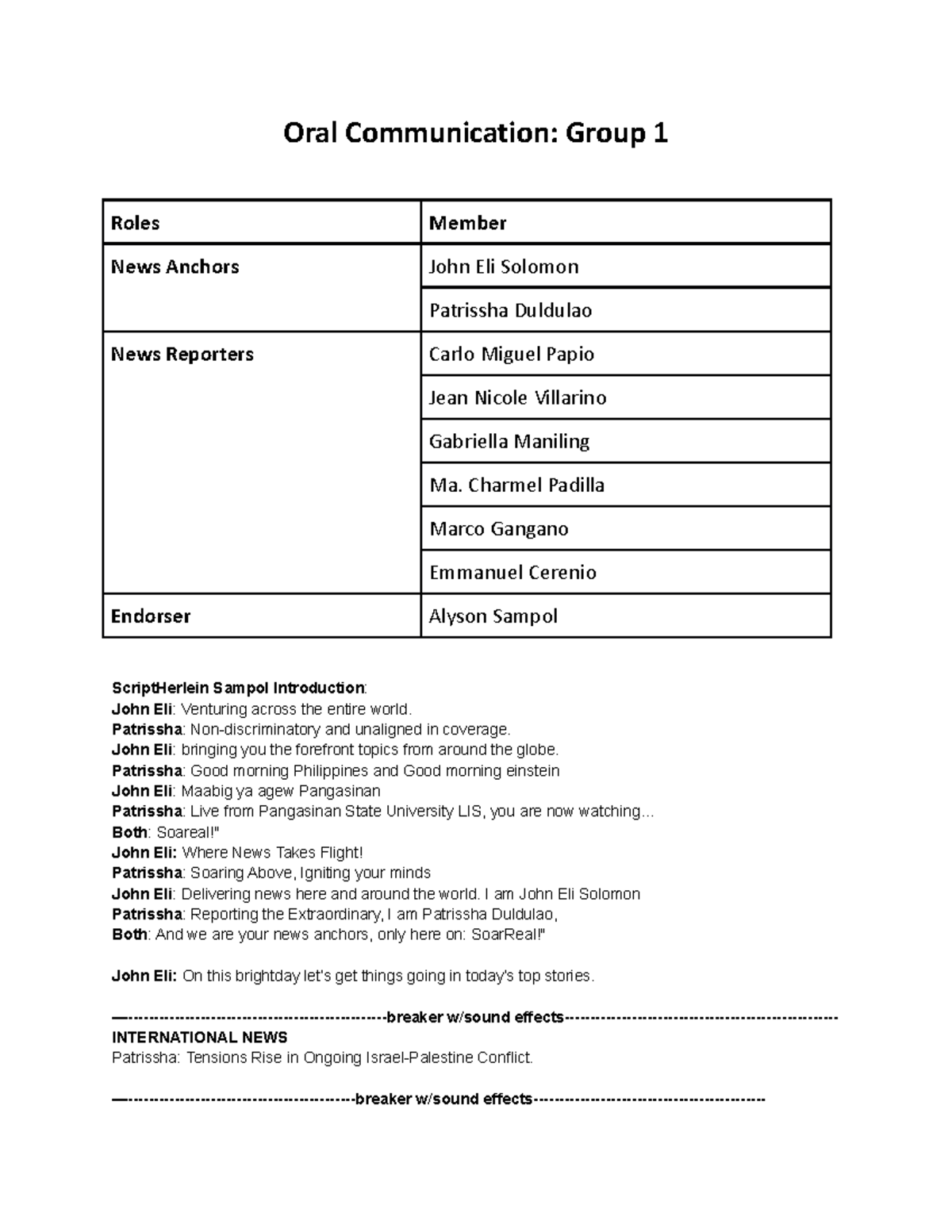 Broadcasting Outline AND Script - Oral Communication: Group 1 Roles ...