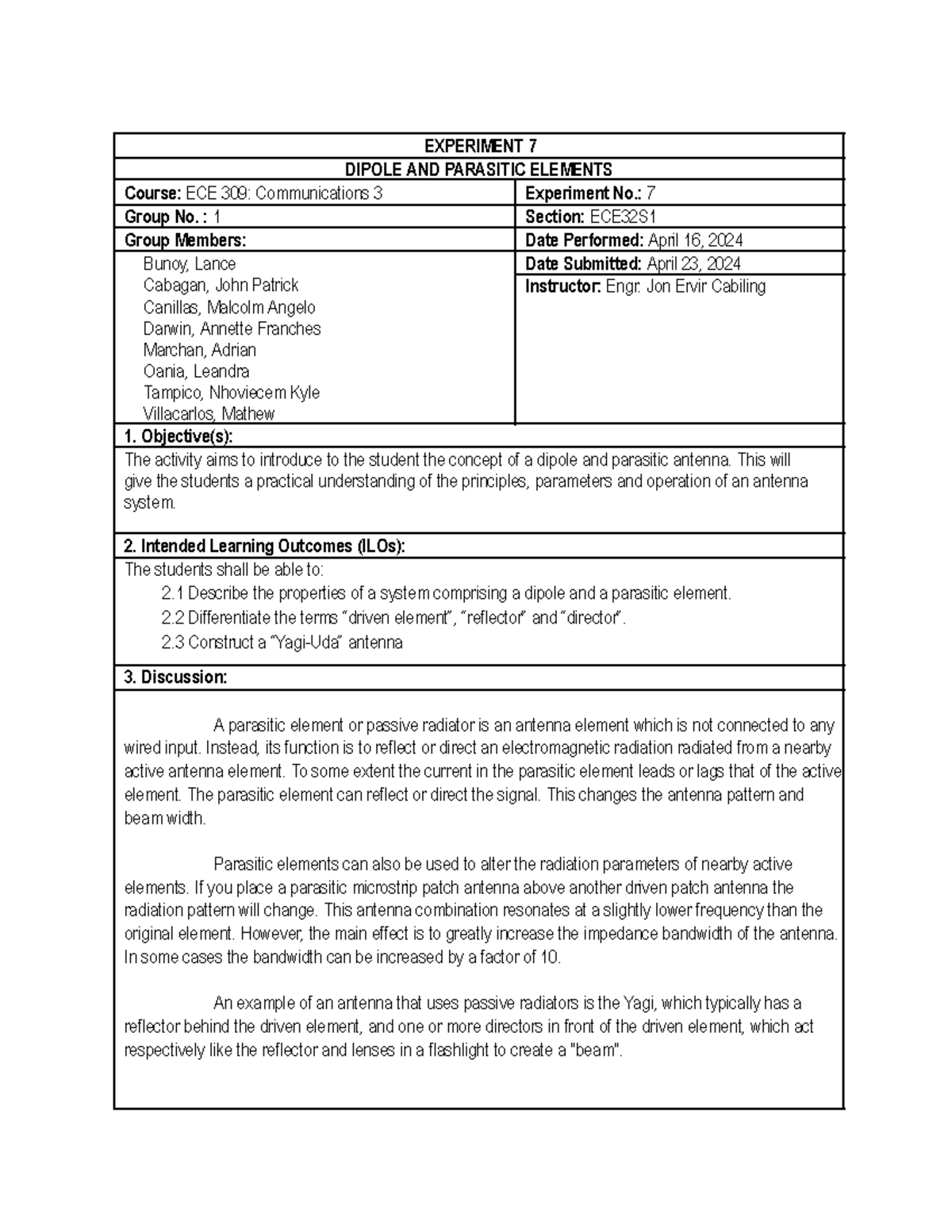 Group-1 Experiment-7 Comms-3 - DIPOLE AND PARASITIC ELEMENTS Course ...