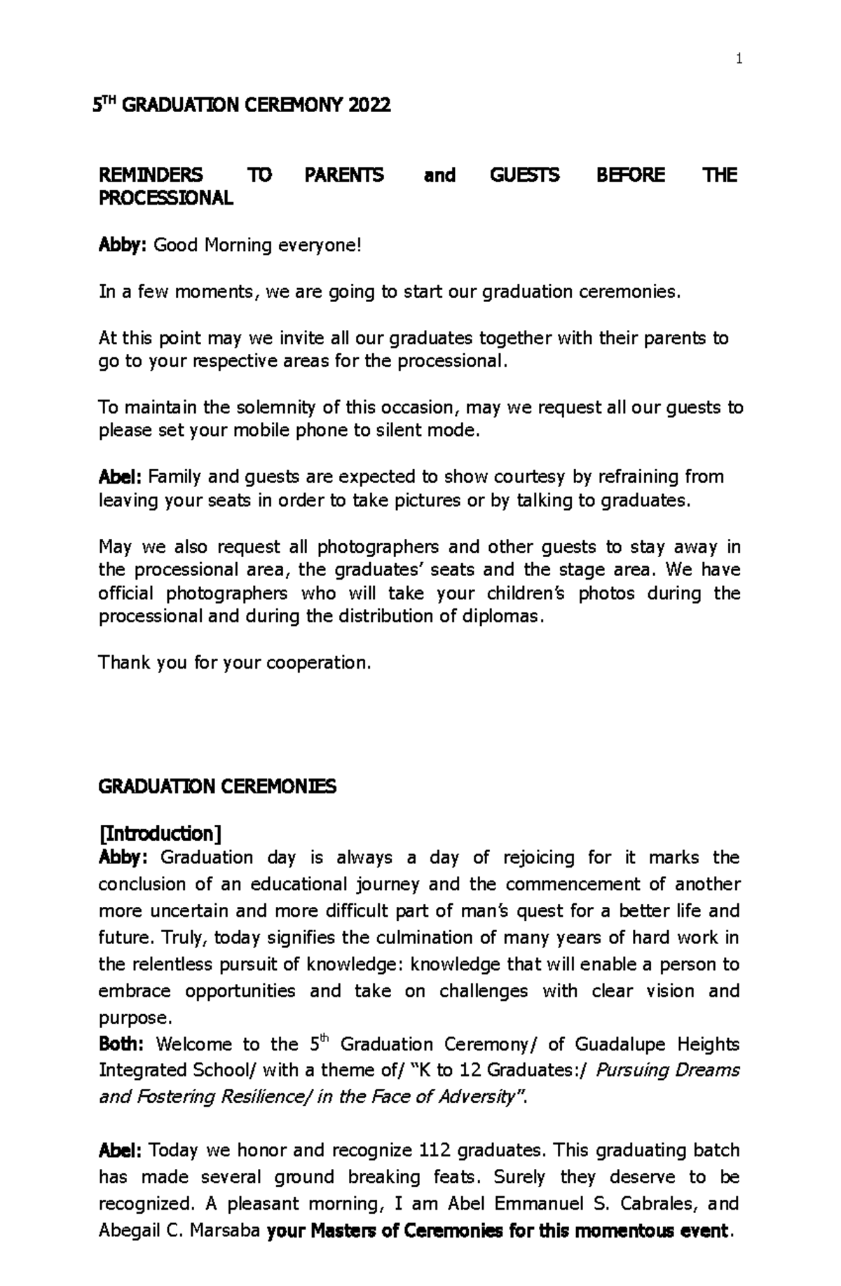 Pdfcoffee - 407796226 ACR ESP Key - 5 TH GRADUATION CEREMONY 2022 ...