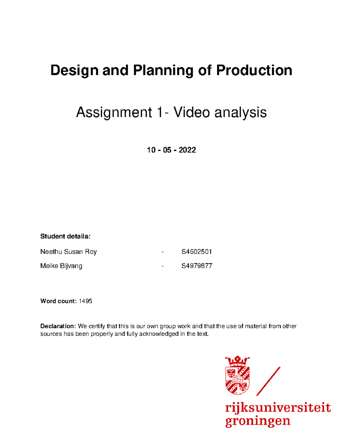 Assignment 1, Video Analysis - Design and Planning of Production ...