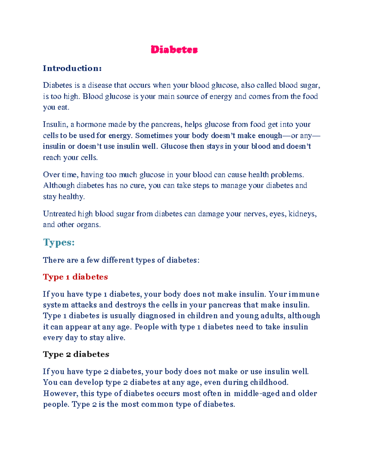 Diabetes - Lecture notes 1 - Diabetes Introduction: Diabetes is a ...