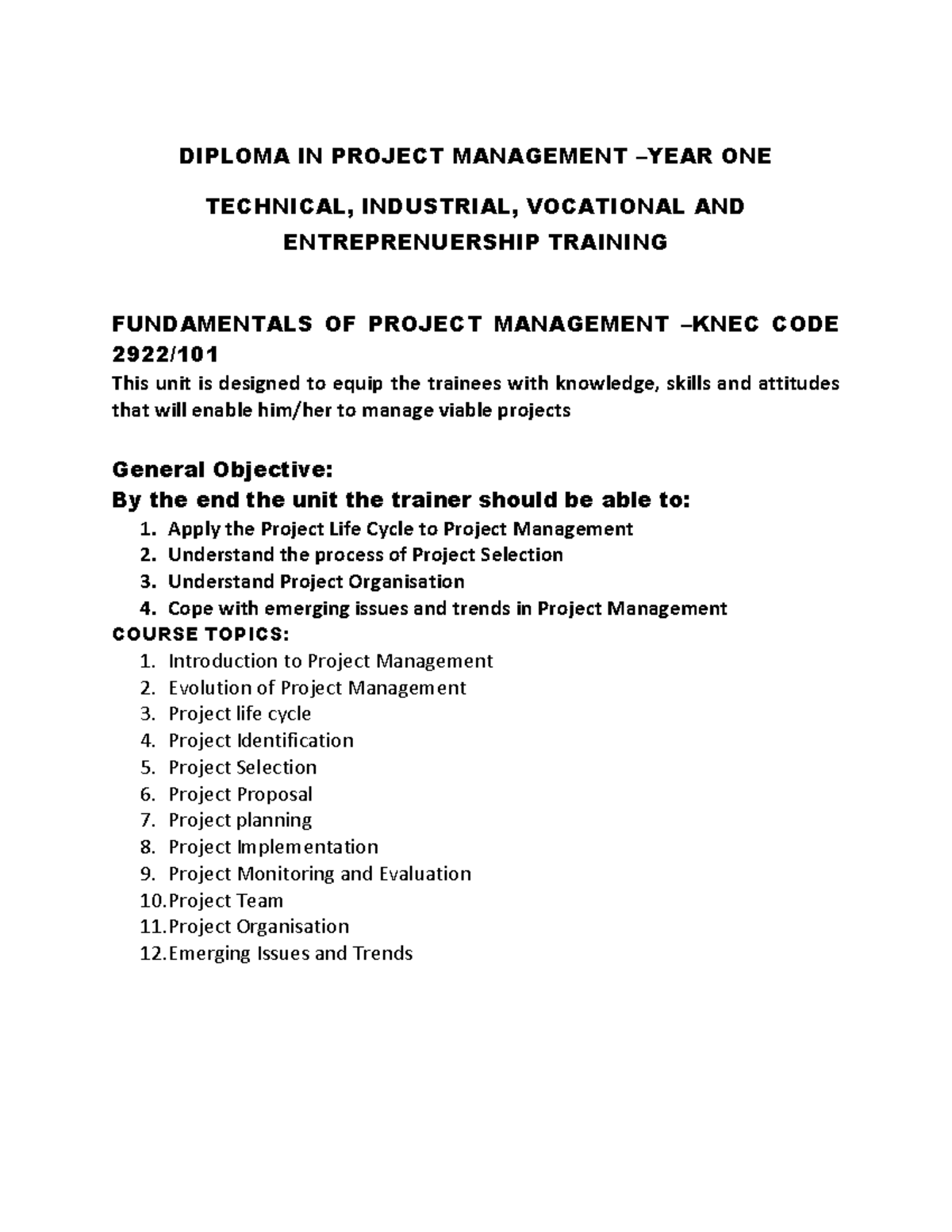 Project management introduction notes - DIPLOMA IN PROJECT MANAGEMENT ...