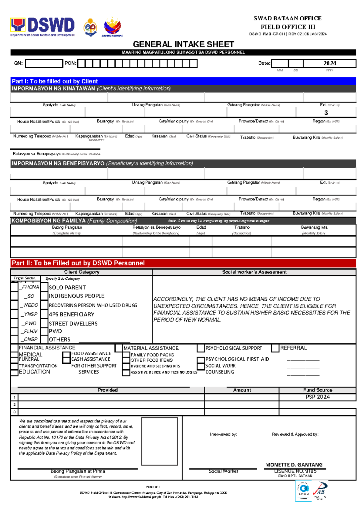 DSWD General Intake Sheet - Specify Sub-Category _FHONA _FHONA SOLO ...