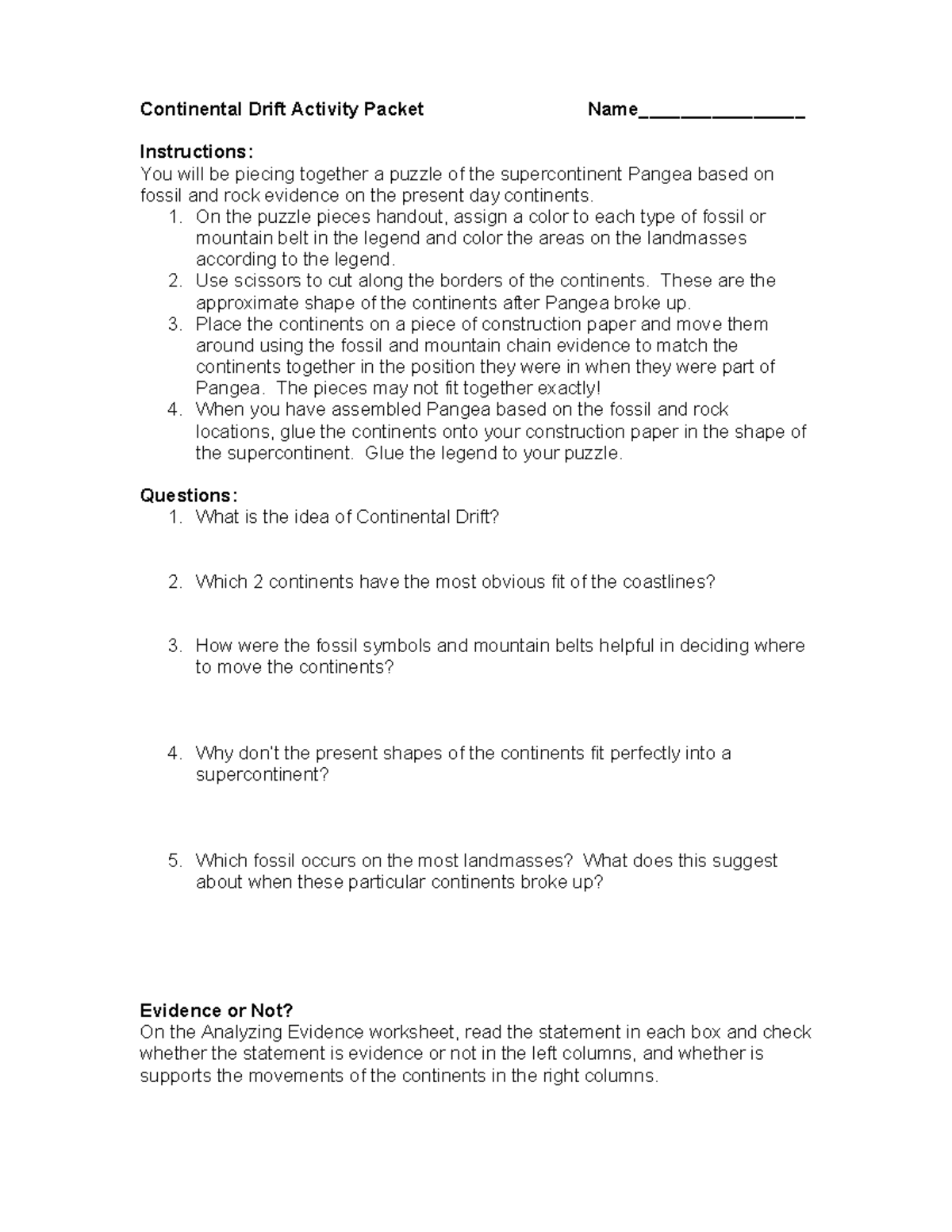 Activity-continentaldrift - Continental Drift Activity Packet Name ...
