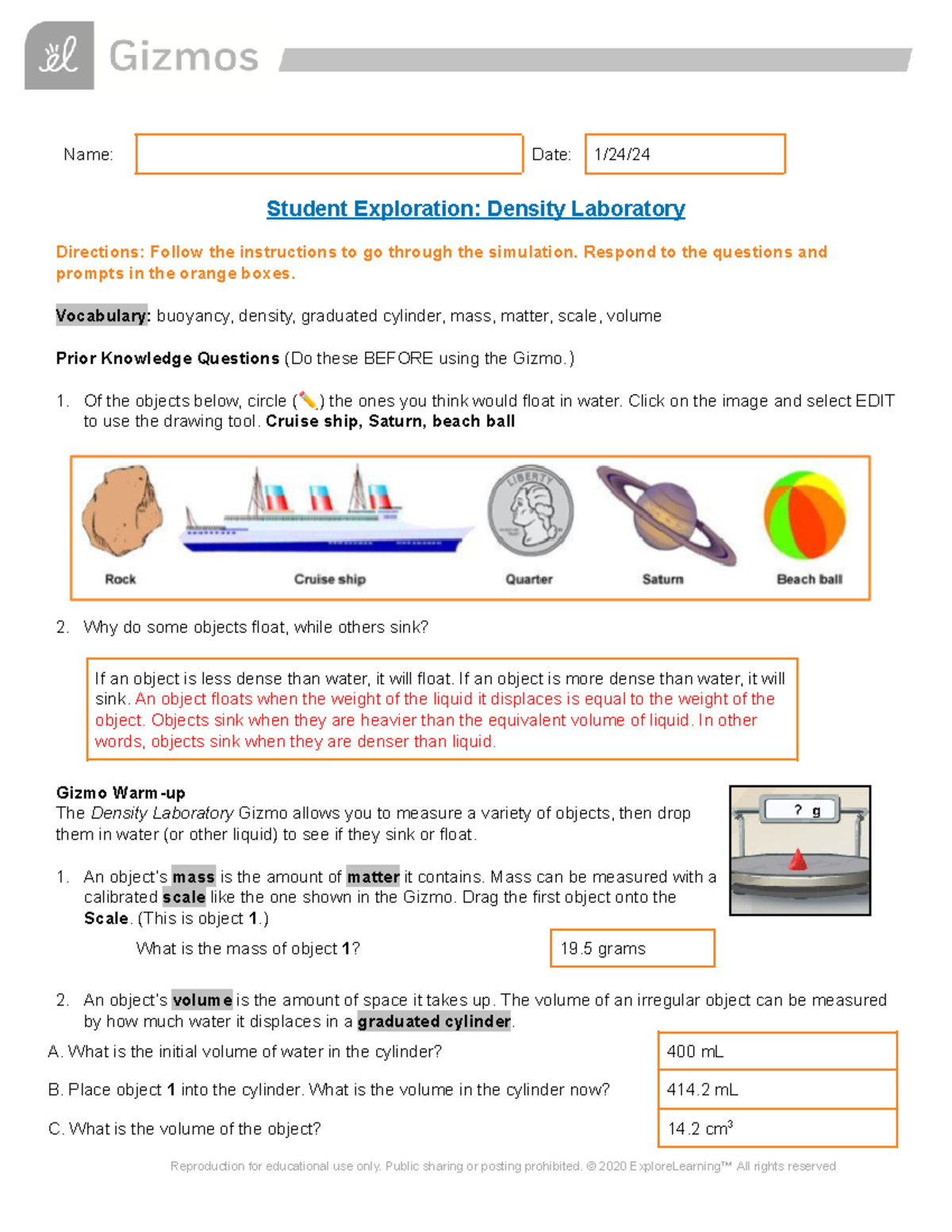 Density Gizmo Lab - Name: Date: 1/24/ Student Exploration: Density ...