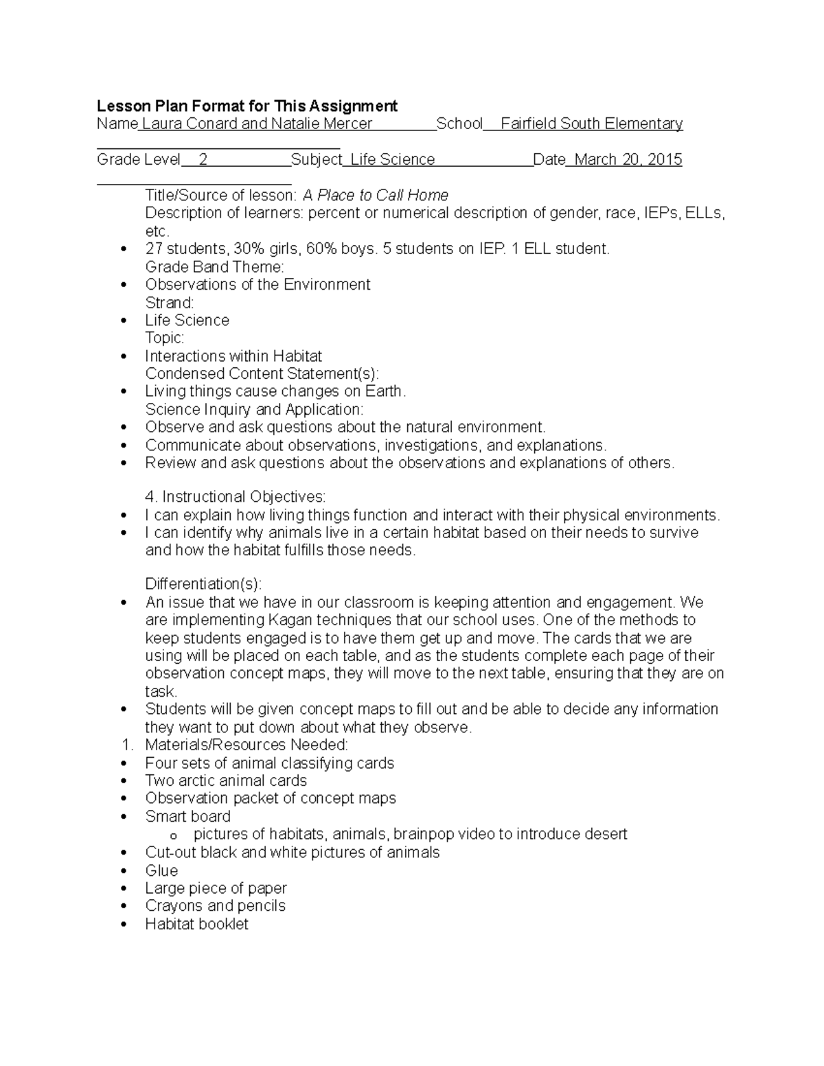 Teach and Reflect - Lesson Plan Format for This Assignment Name Laura ...