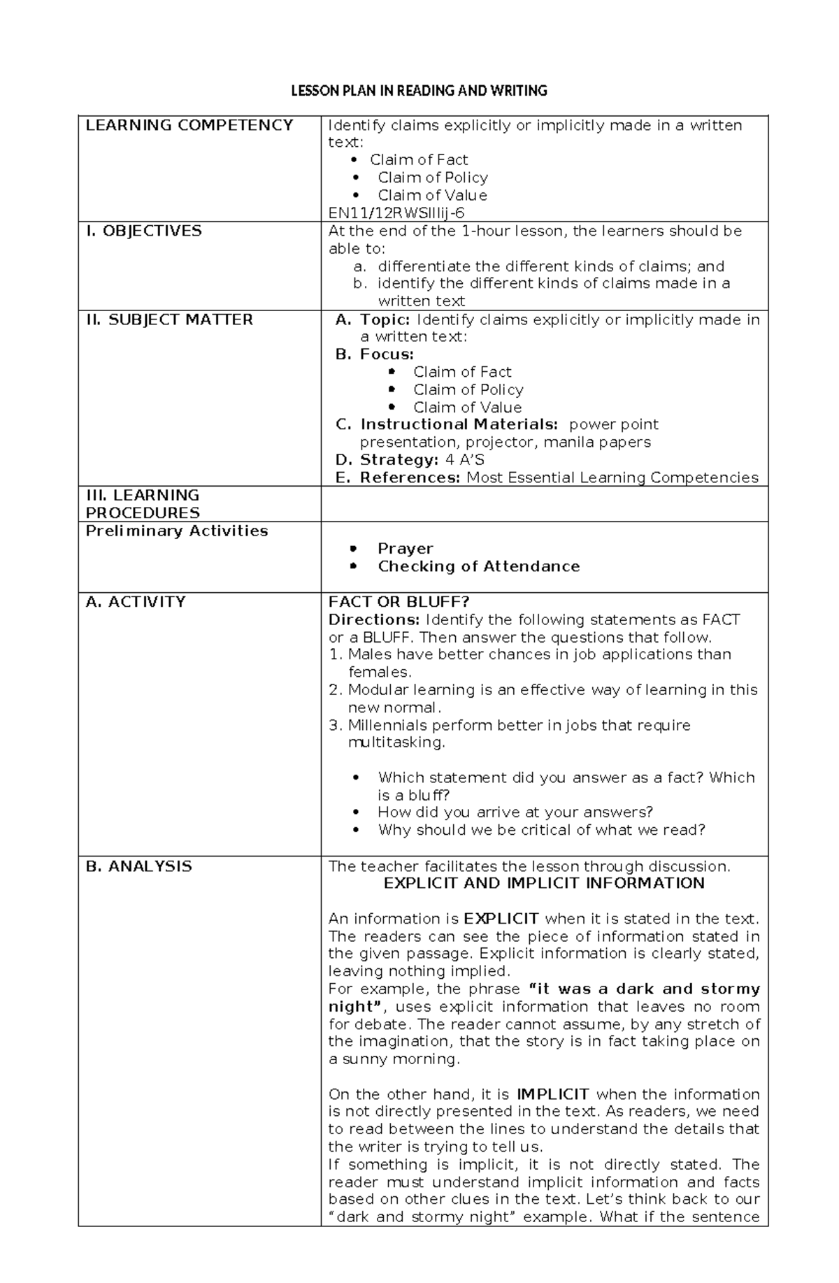 Q3 Lesson 3 Claims of fact, policy, value - LESSON PLAN IN READING AND ...