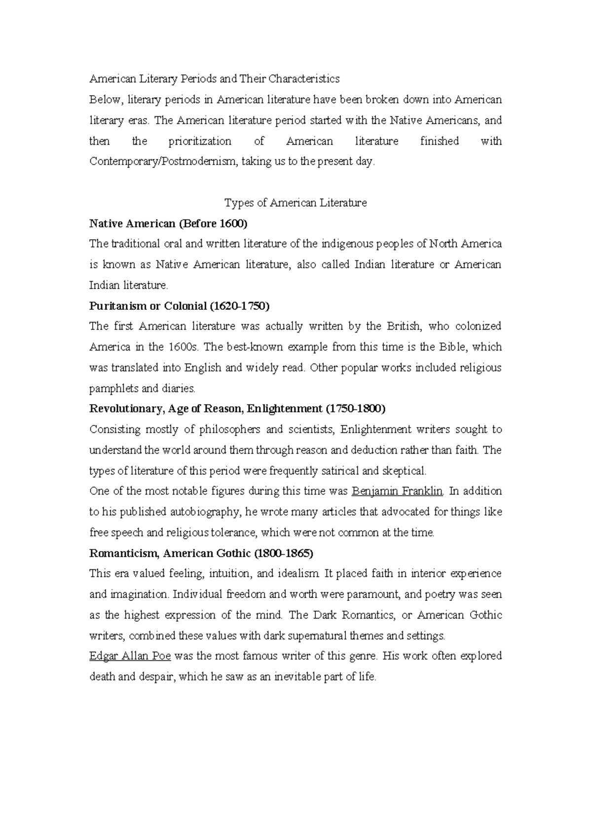 American Literary Periods and Their Characteristiclit - The American ...