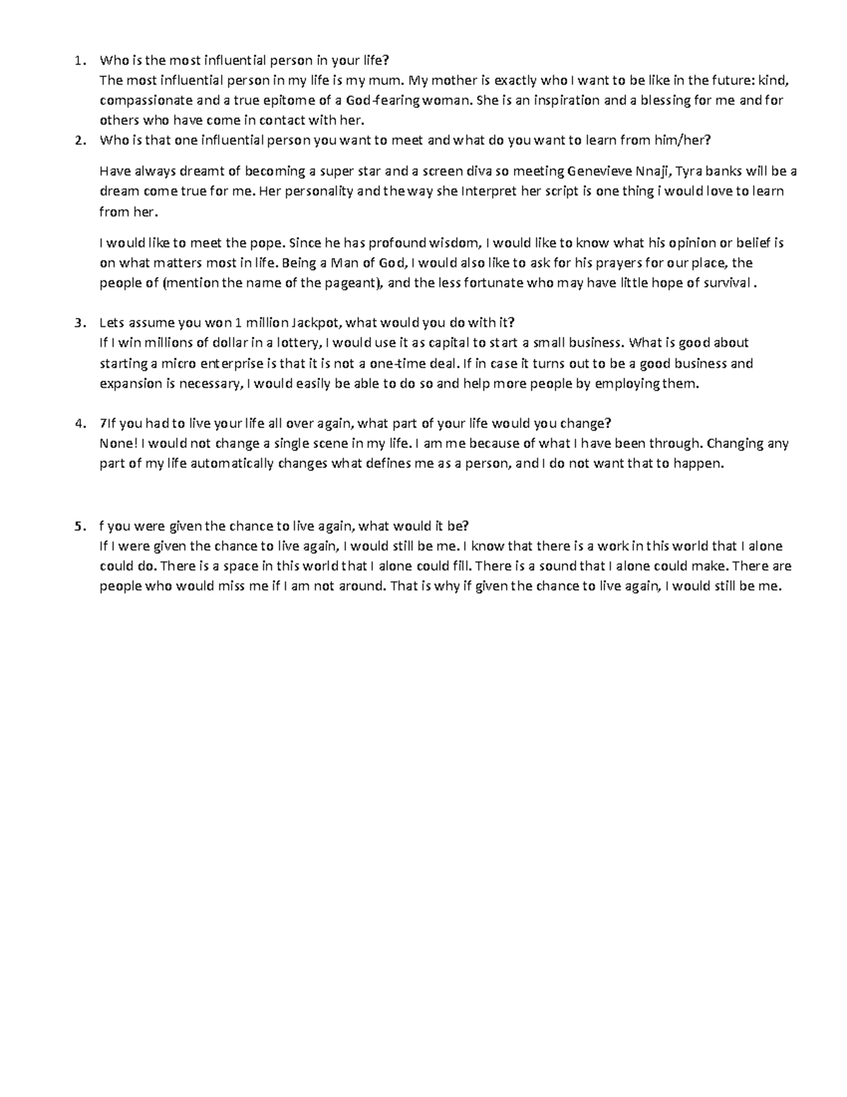 Impromptu questions 5 - this is for reference purpose only. - Purposive ...