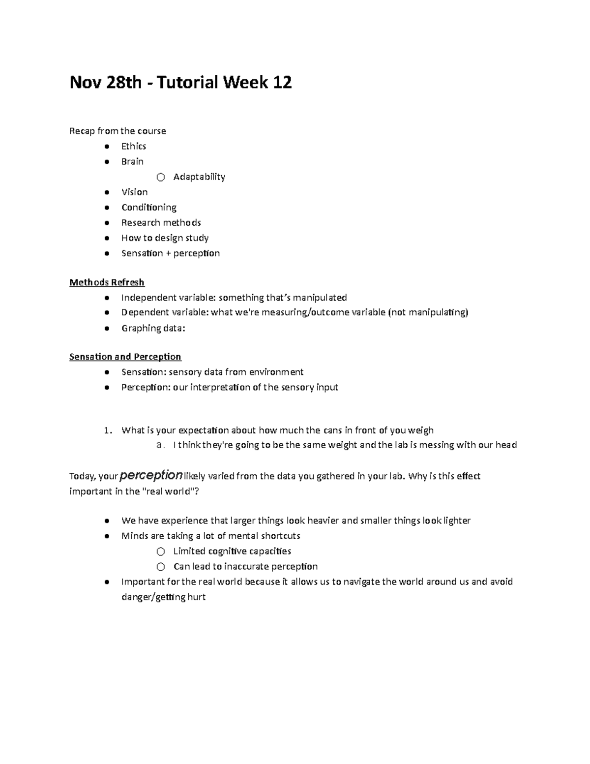 PSYC 100 Week 12 Lab - In Lab Work - Nov 28th - Tutorial Week 12 Recap from the course Ethics ...