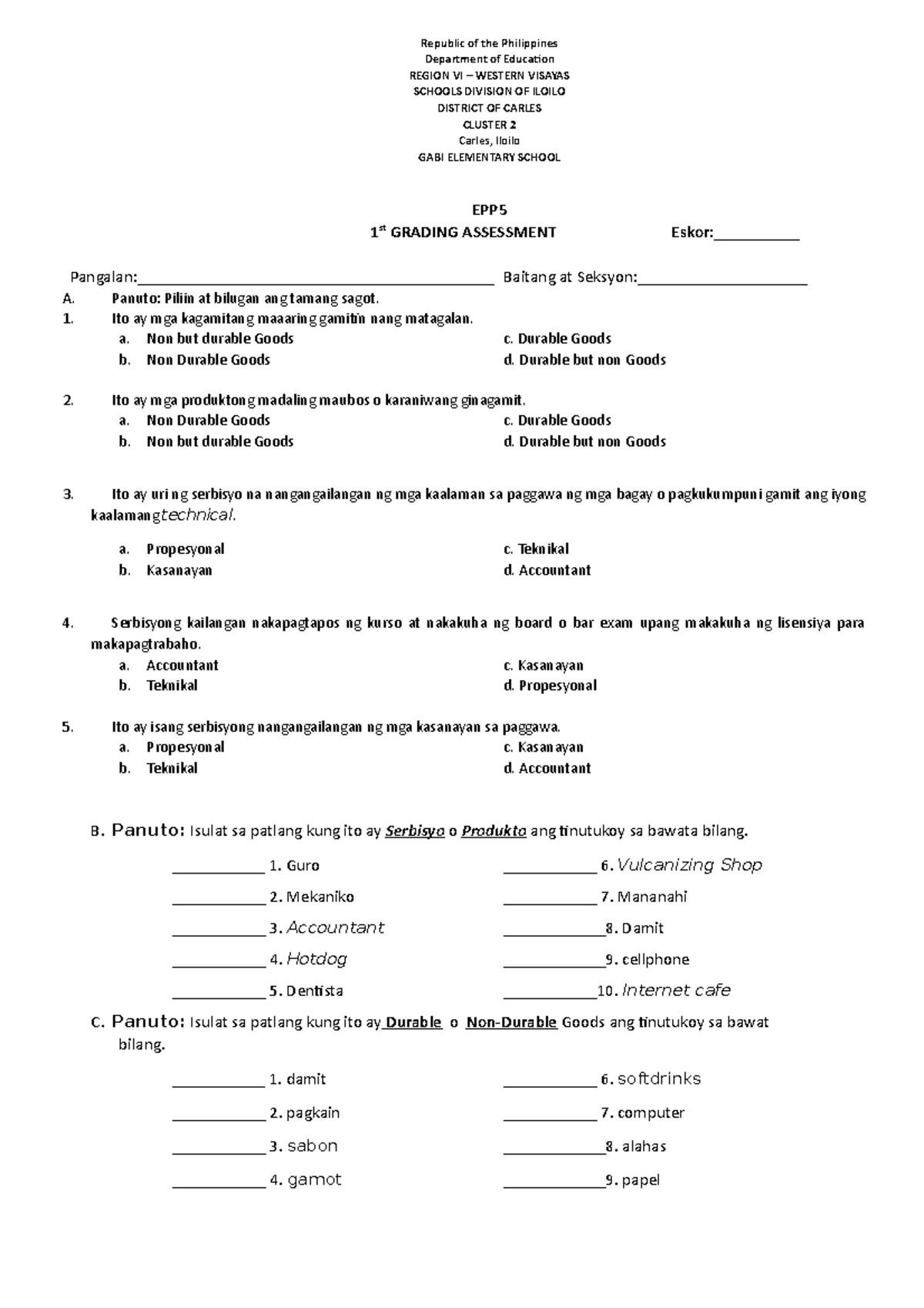 1st Grading Exam Grade amination for epp - Republic of the Philippines ...