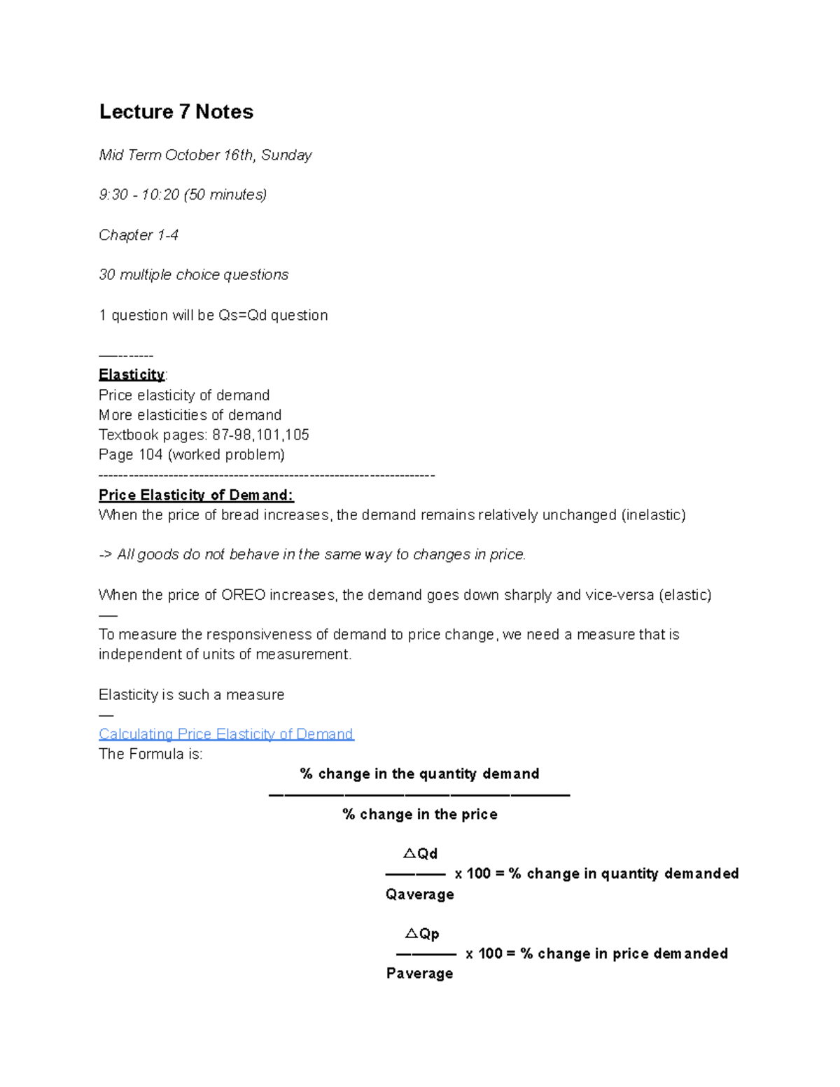 Economics 7th lecture - Lecture 7 Notes Mid Term October 16th, Sunday 9 ...