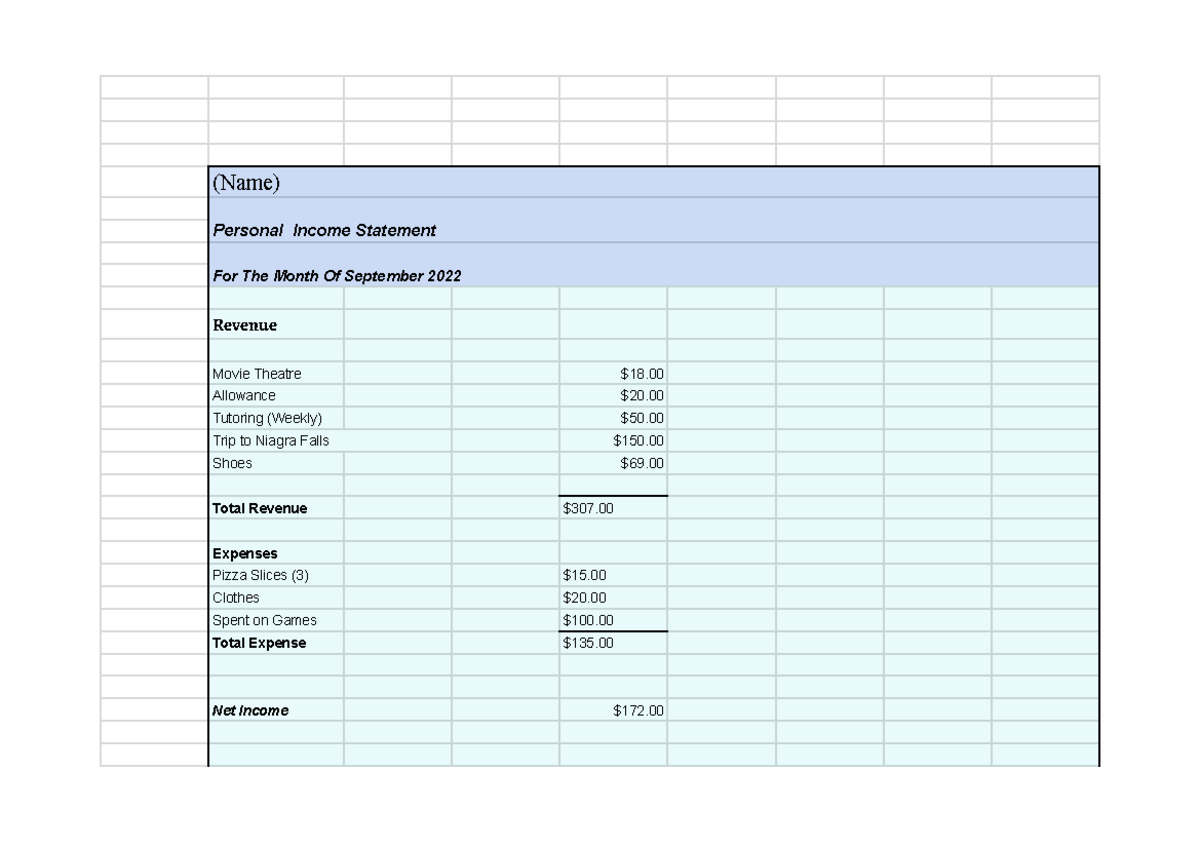 Personal Income Statement - (Name) Personal Income Statement For The ...