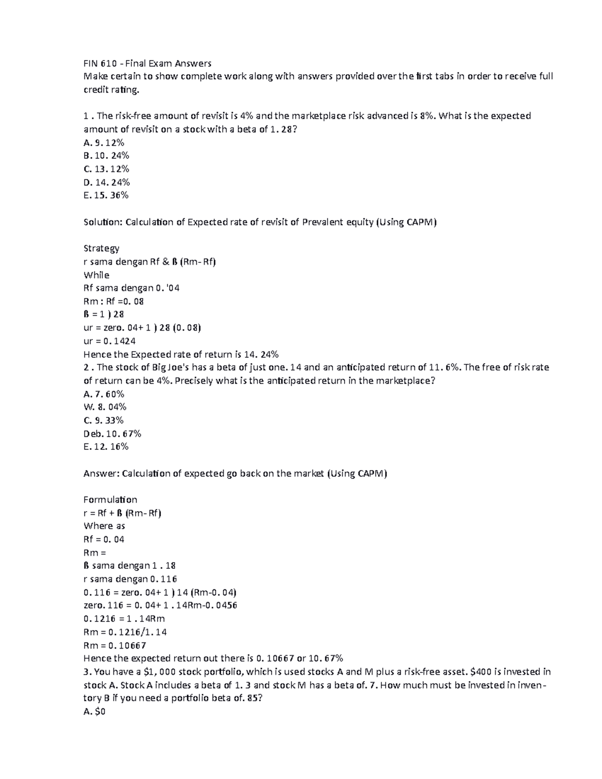 FIN 610 - Final Exam Answers solved 1 - FIN 610 - Final Exam Answers ...