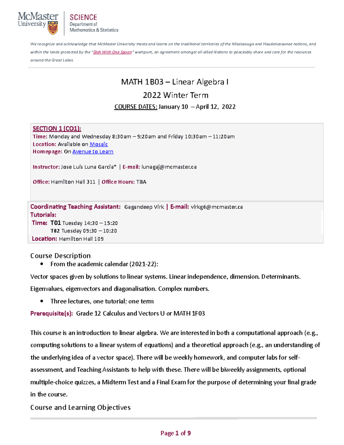 Course outline A2L - We recognize and acknowledge that McMaster ...