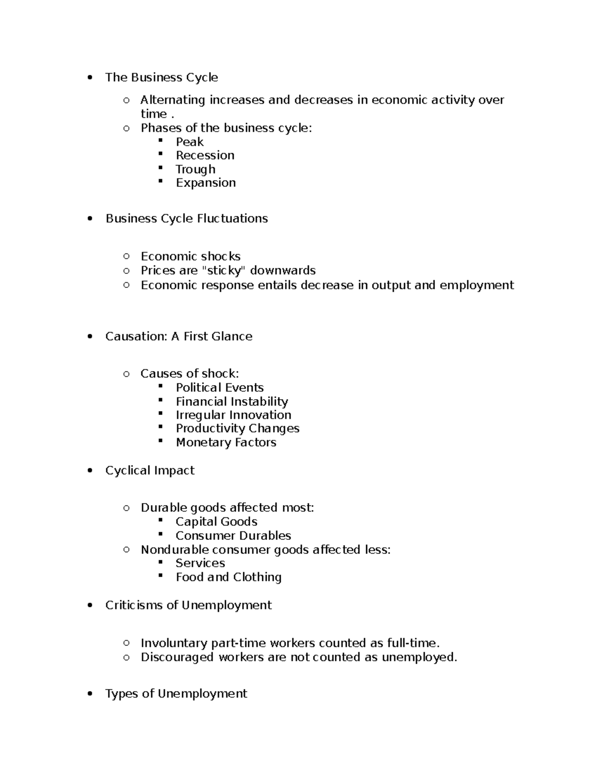 Macroeconomics Chapter 29 Notes - The Business Cycle o Alternating ...
