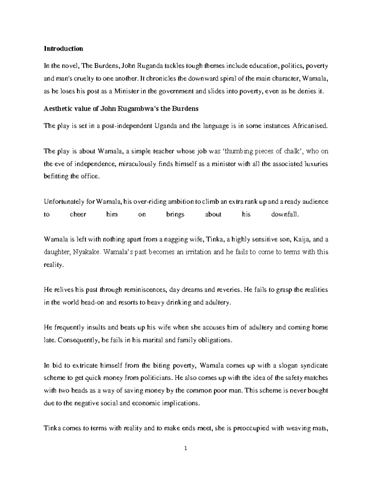 Idoc - 1 Introduction In the novel, The Burdens, John Ruganda tackles ...