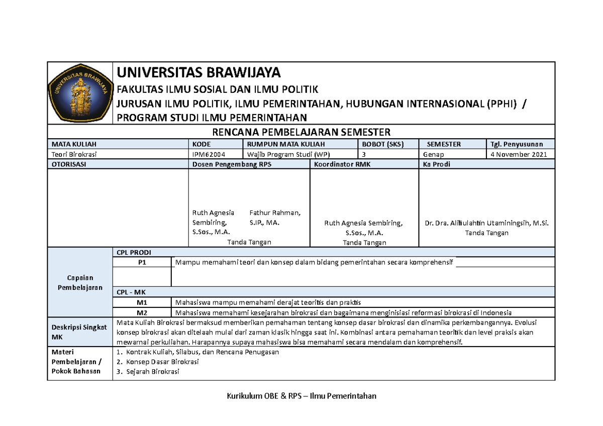 Kurikulum OBE RPS - Teori Birokrasi - UNIVERSITAS BRAWIJAYA FAKULTAS ...
