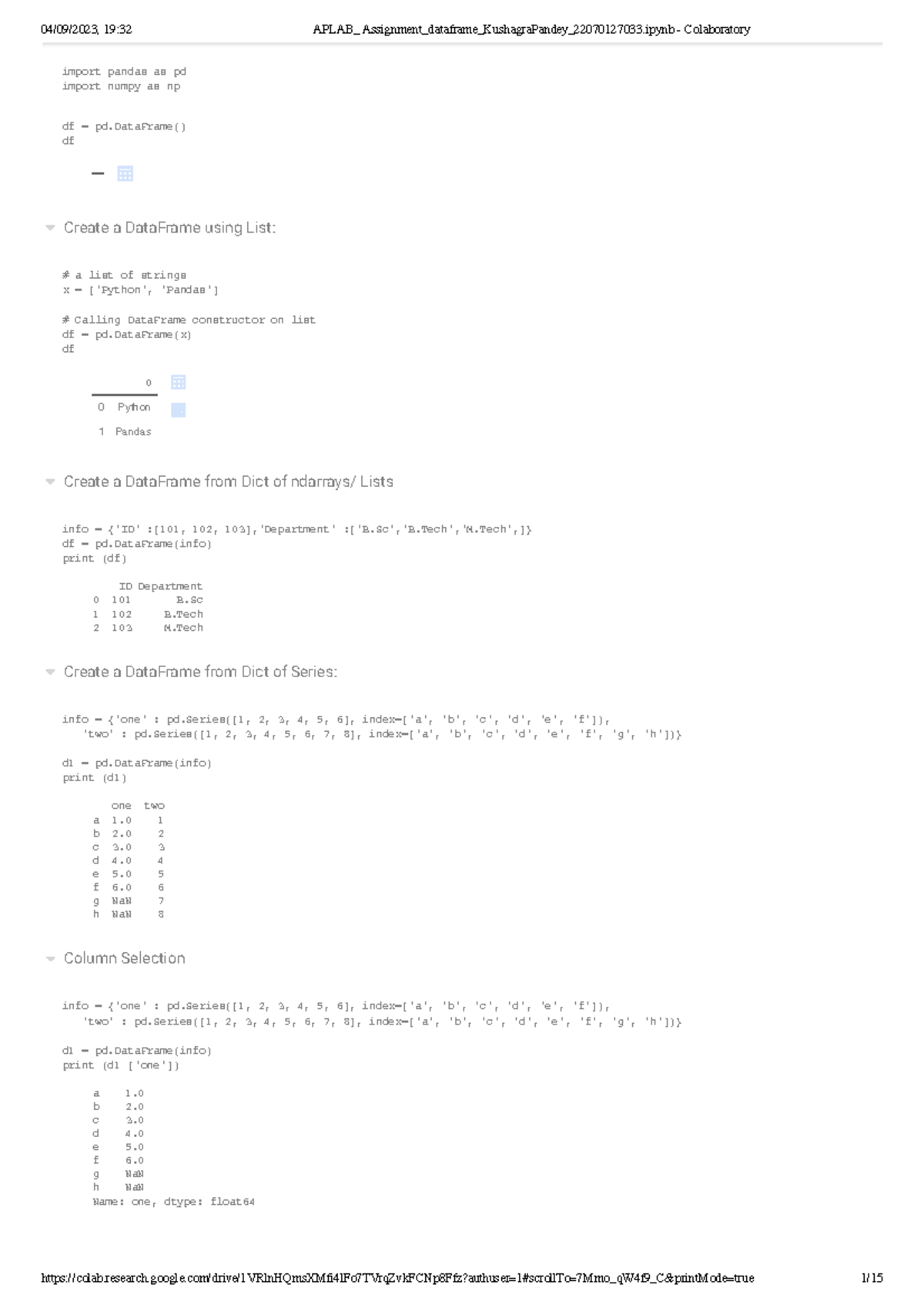 Aplab Assignment dataframe Kushagra Pandey 22070127033.ipynb - Colaboratory - import pandas as ...