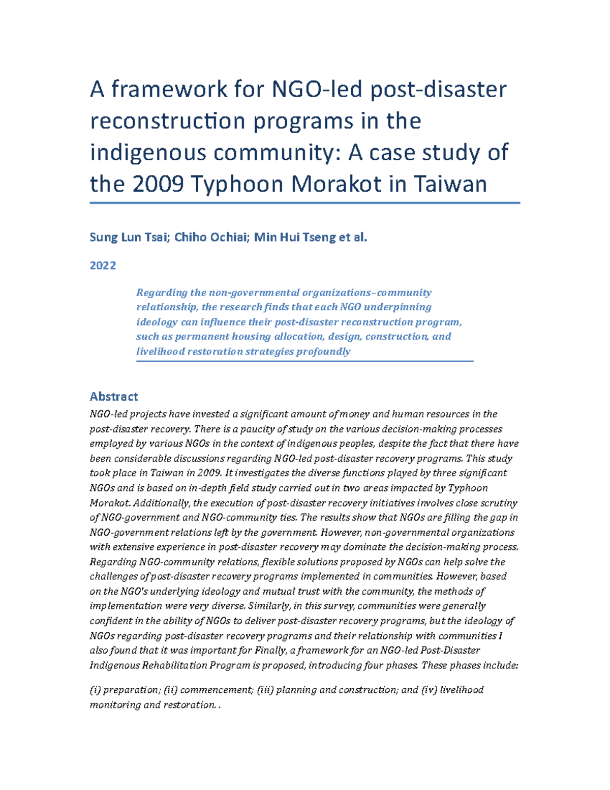 A framework for NGO led post disaster reconstruction programs in the ...