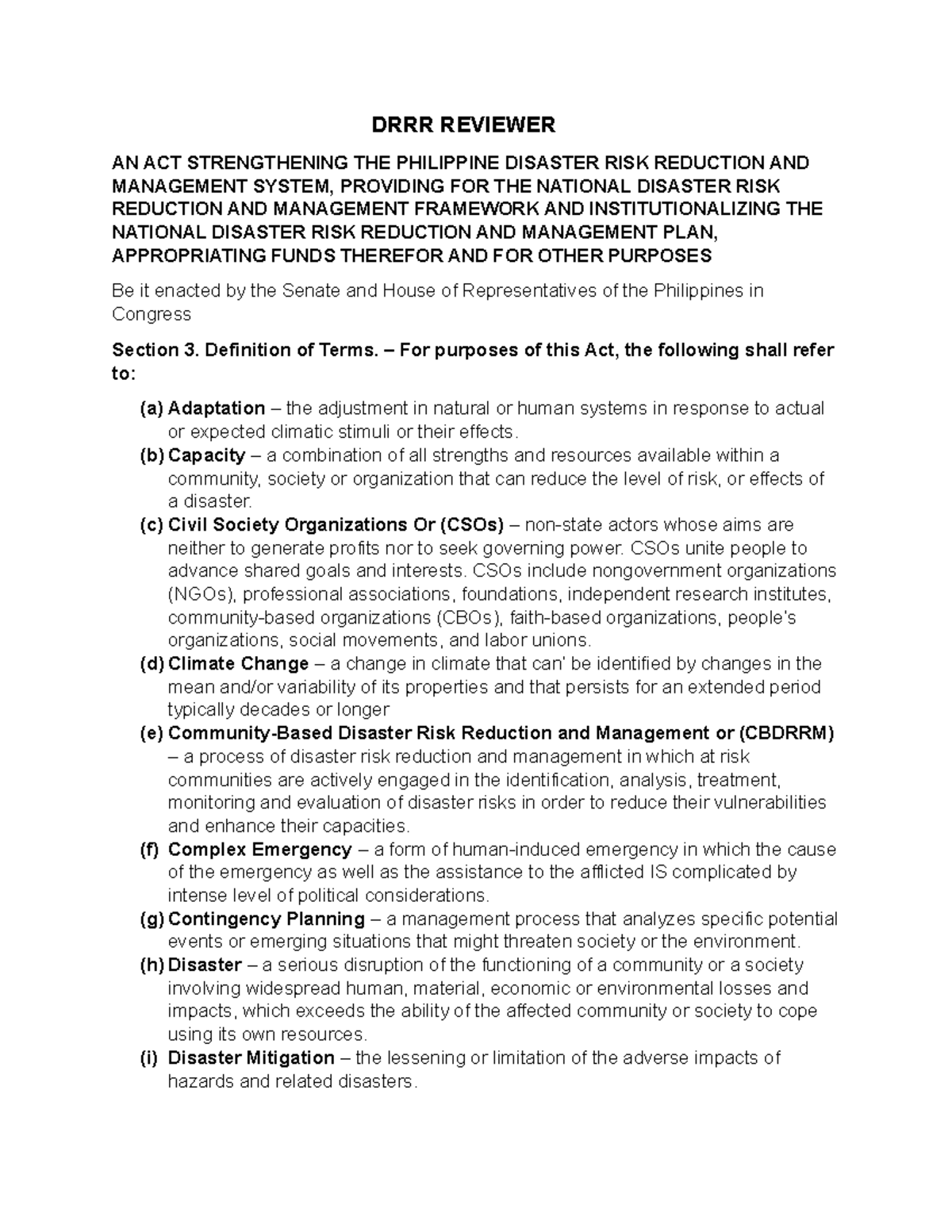 DRRR Reviewer - DRRR REVIEWER AN ACT STRENGTHENING THE PHILIPPINE ...