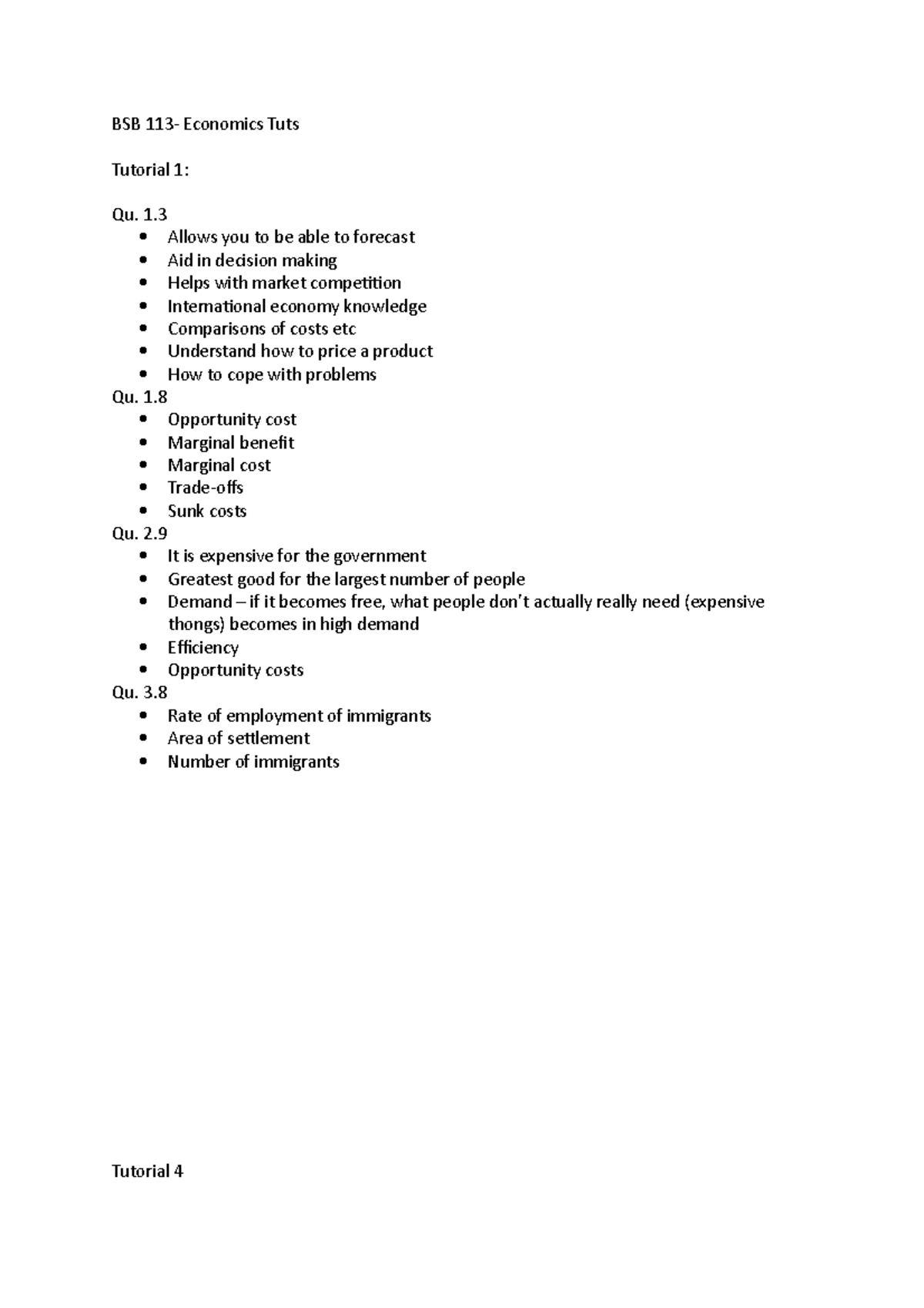 Tutorial Notes Weeks 1-12 - BSB 113- Economics Tuts Tutorial 1: Qu. 1 ...