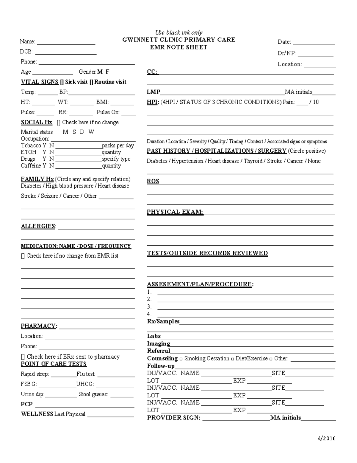 Emr note sheet april 2016 - Name: ____________________ DOB ...