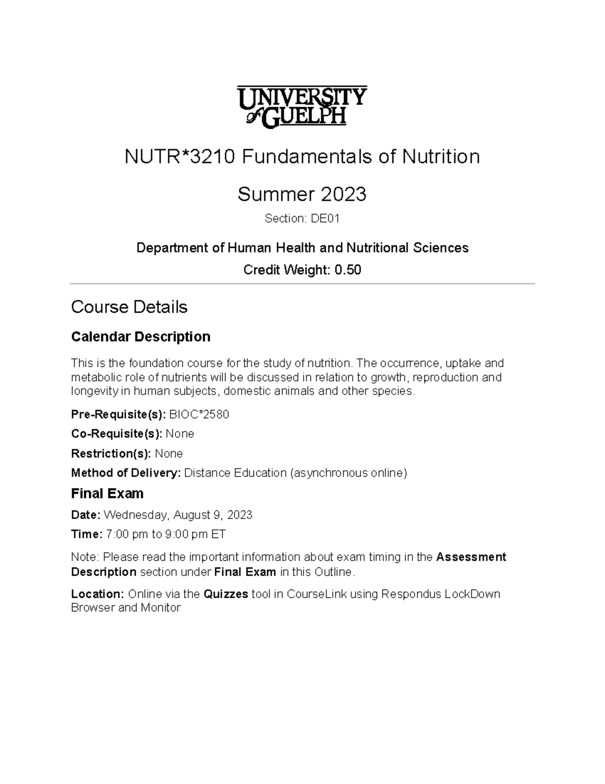 Course outline NUTR3210 DE S23 - NUTR*3210 Fundamentals of Nutrition ...