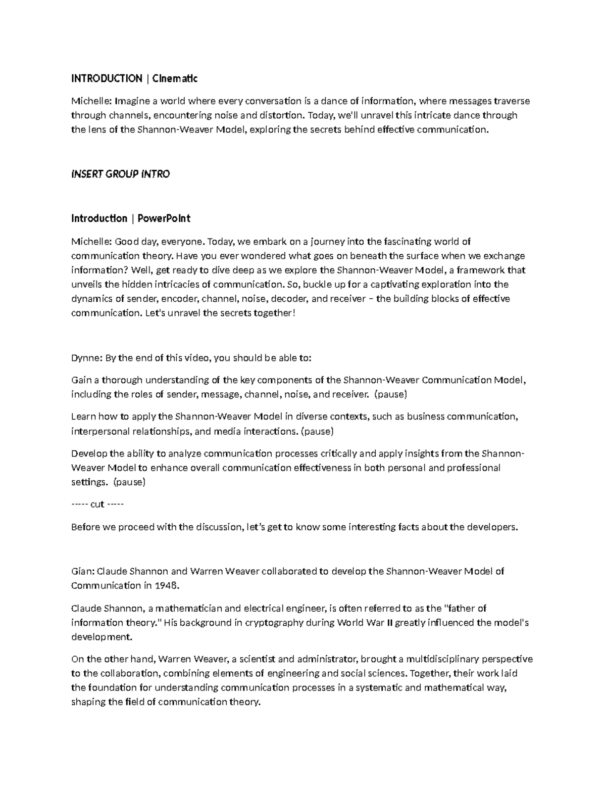 Script-for-Pur Com Shannon Weaver - INTRODUCTION | Cinematic Michelle ...