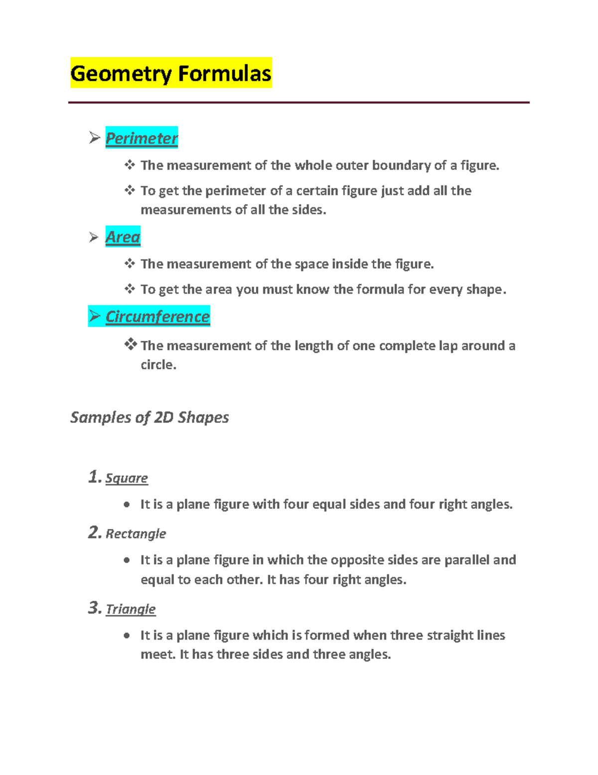 2d shapes areas and perimeters - Geometry Formulas Perimeter The ...