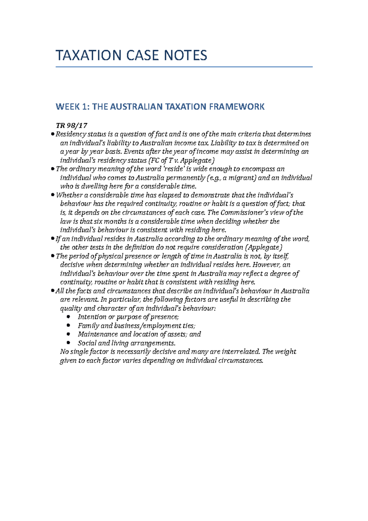 Case Summaries - TAXATION CASE NOTES WEEK 1: THE AUSTRALIAN TAXATION ...