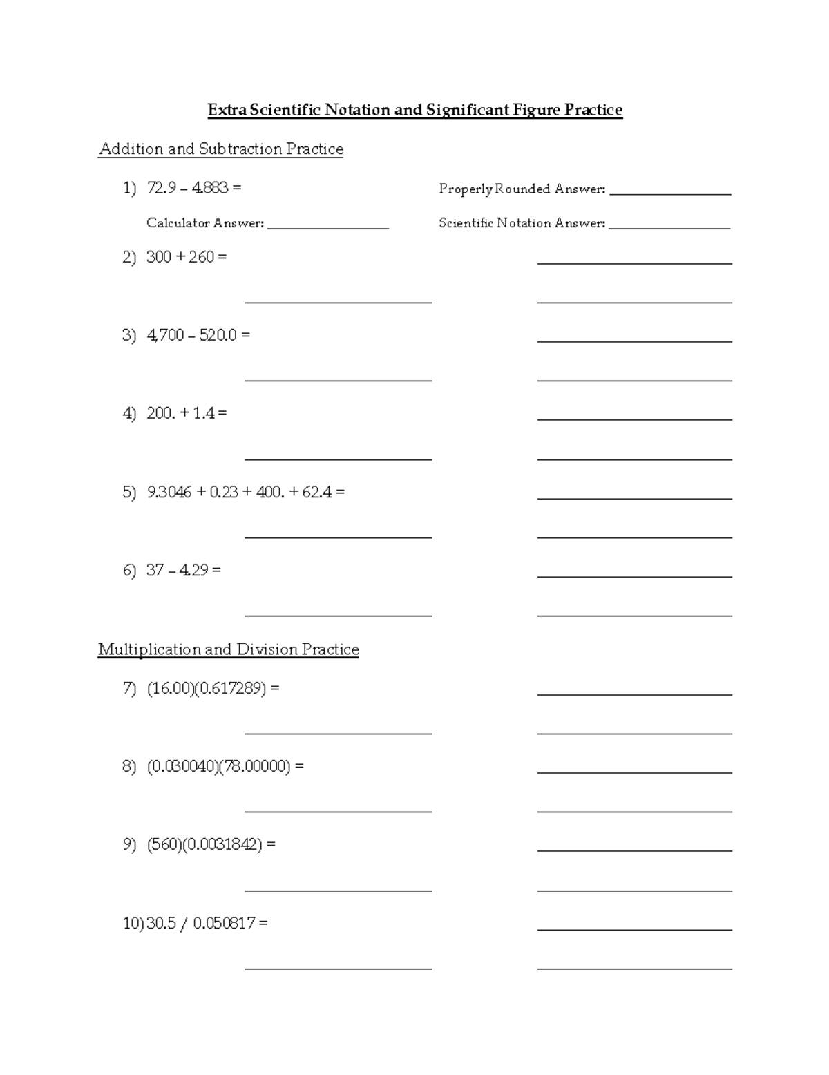 Significant Figures Problems - Extra Scientific Notation and ...