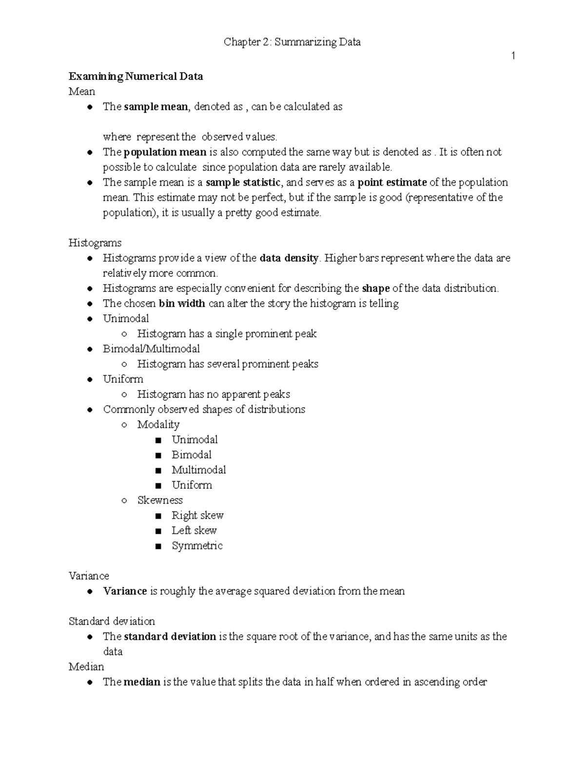Chapter 2 Notes - Adam Sales - Chapter 2: Summarizing Data 1 Examining ...