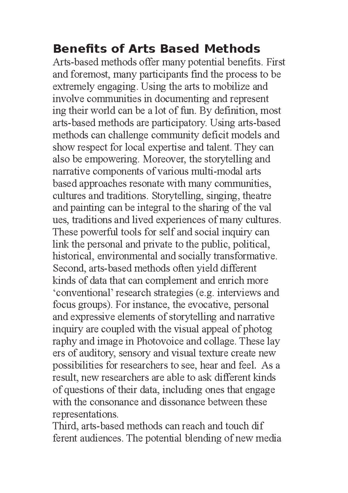 Benefits of Arts Based Methods - Benefits of Arts Based Methods Arts ...