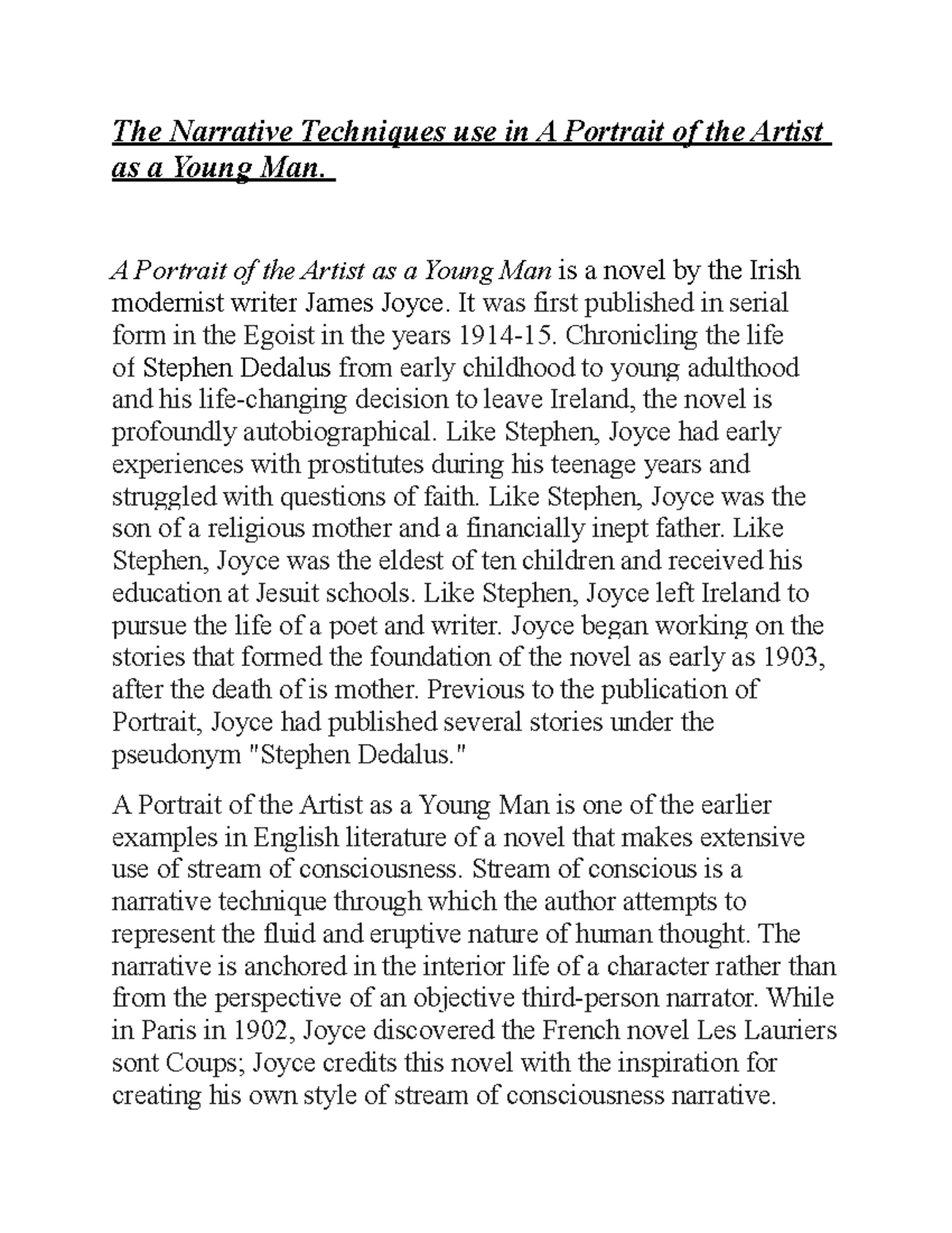 The Narrative Techniques use in A Portrait of the Artist - A Portrait ...