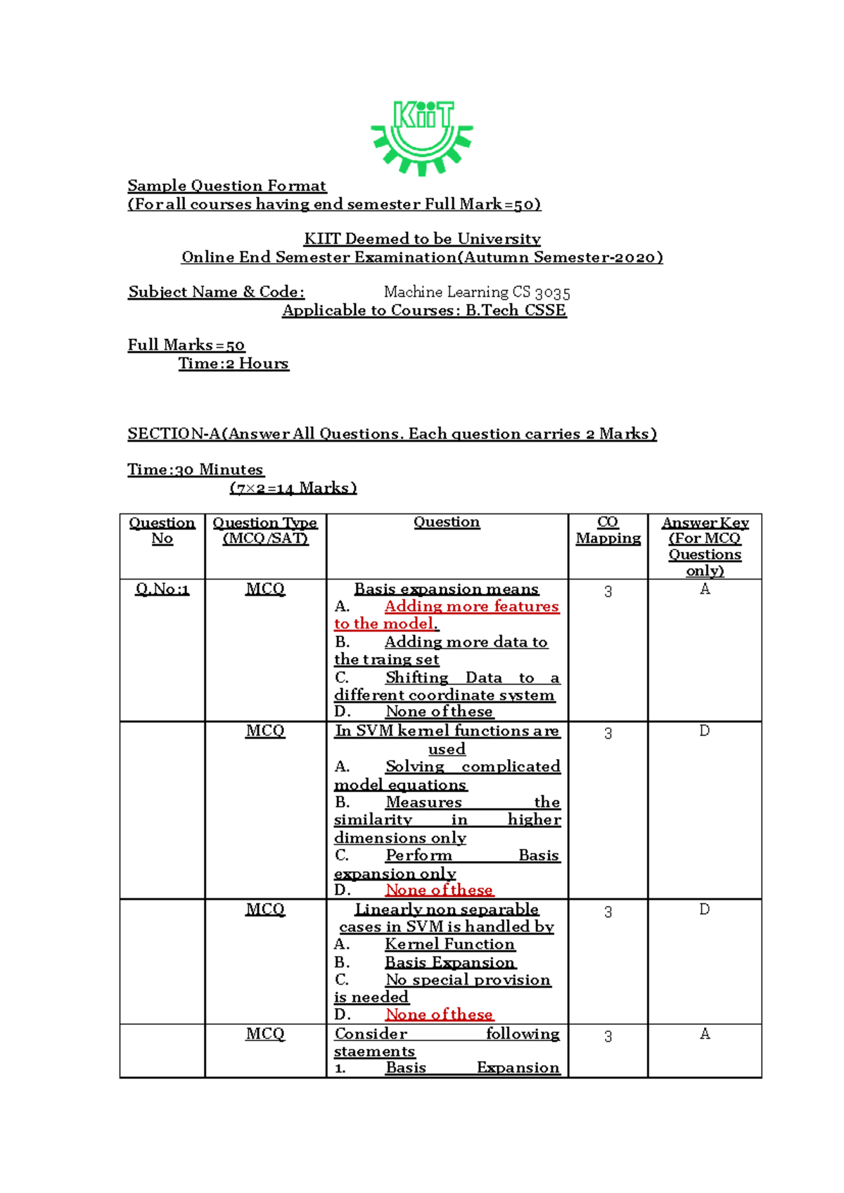 ML-Question Bank-MCQ - Sample Question Format (For all courses having ...