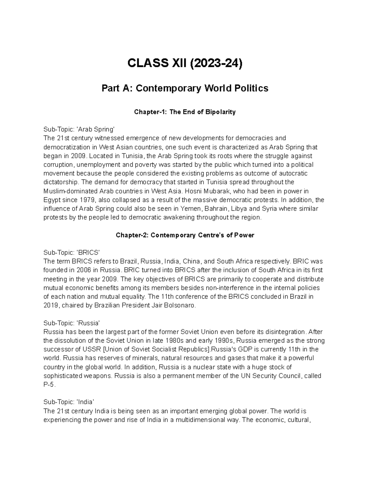 POL SC Additional Reference Material - CLASS XII (2023-24) Part A ...