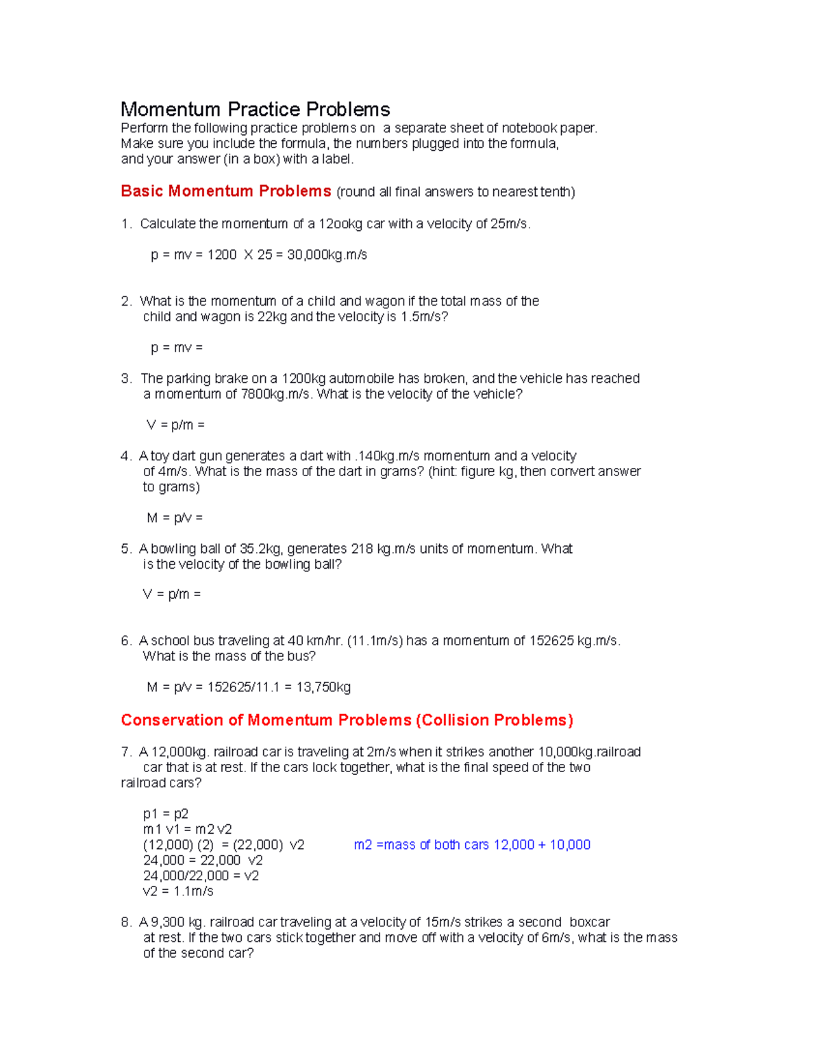 Momentum+Practice+Problems+ - Momentum Practice Problems Perform the following practice problems ...