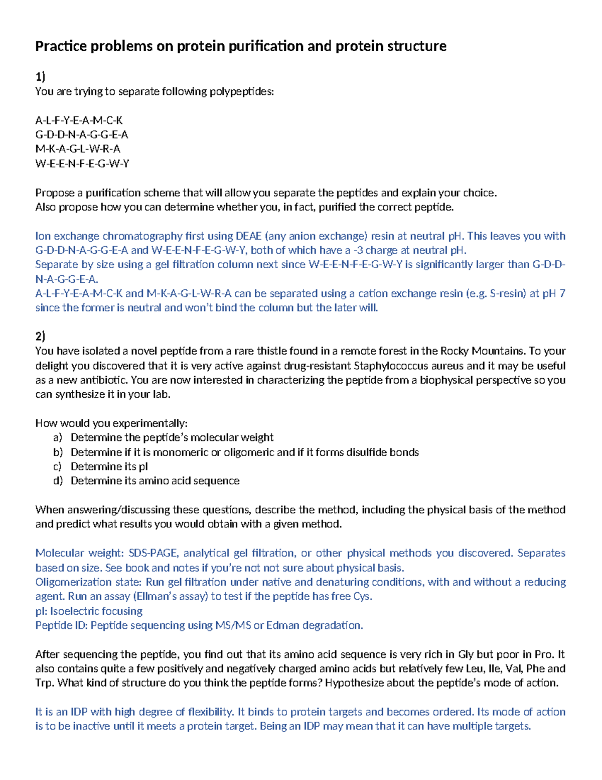 Practice problems on protein purification and protein structure 2023 ...