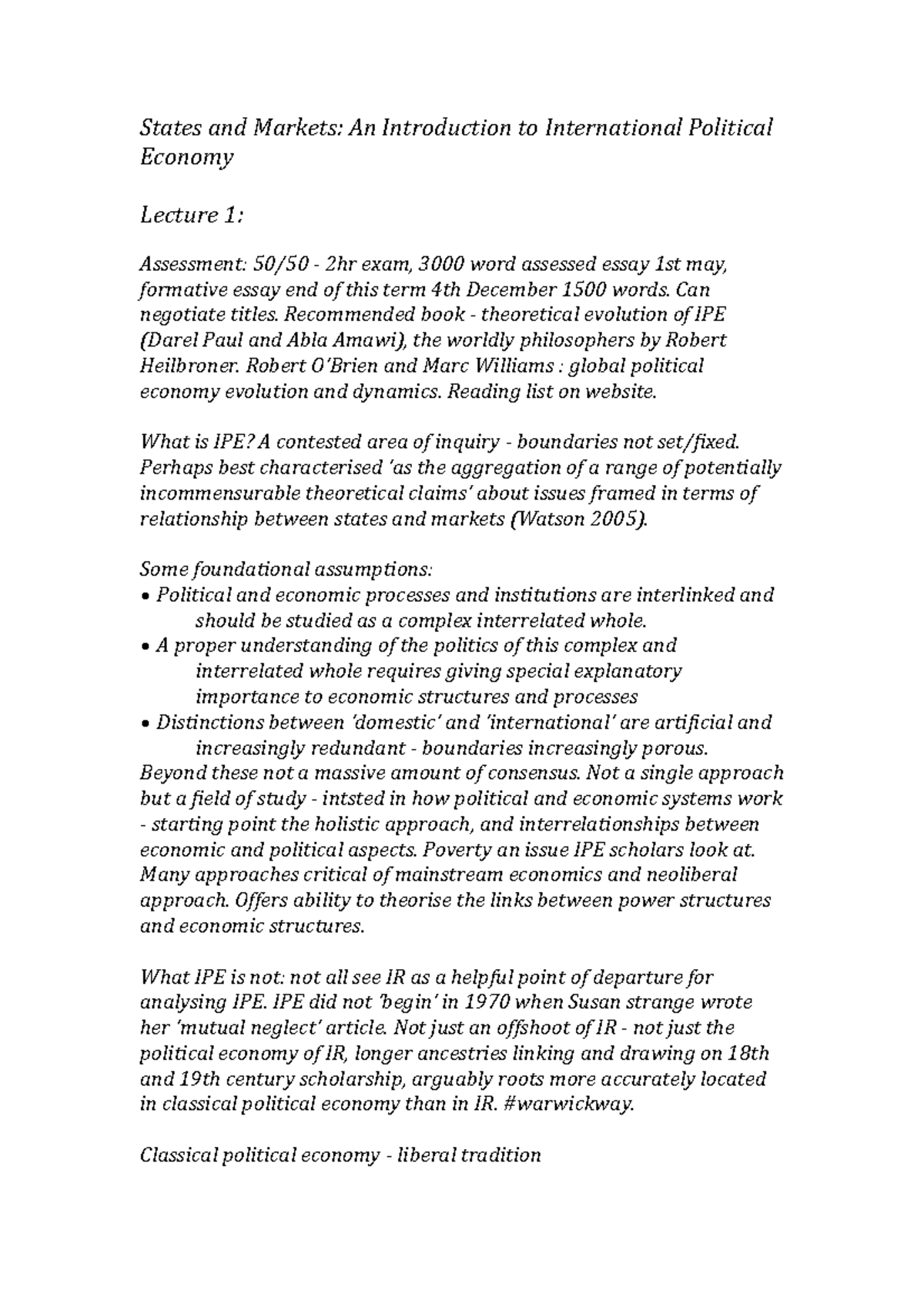 States and Markets Lecture Notes - Lecture notes, lectures 1 - 16 ...