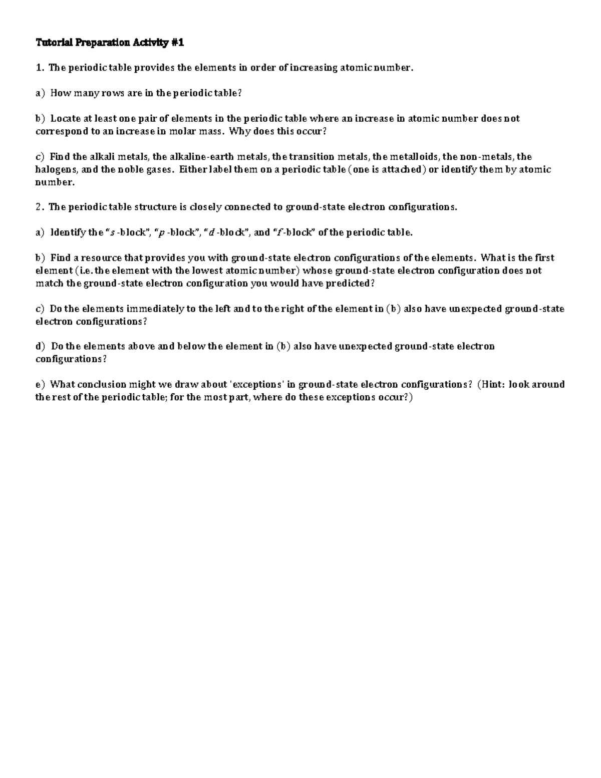 Tutorial Preparation Activity #1 - The periodic table provides the ...
