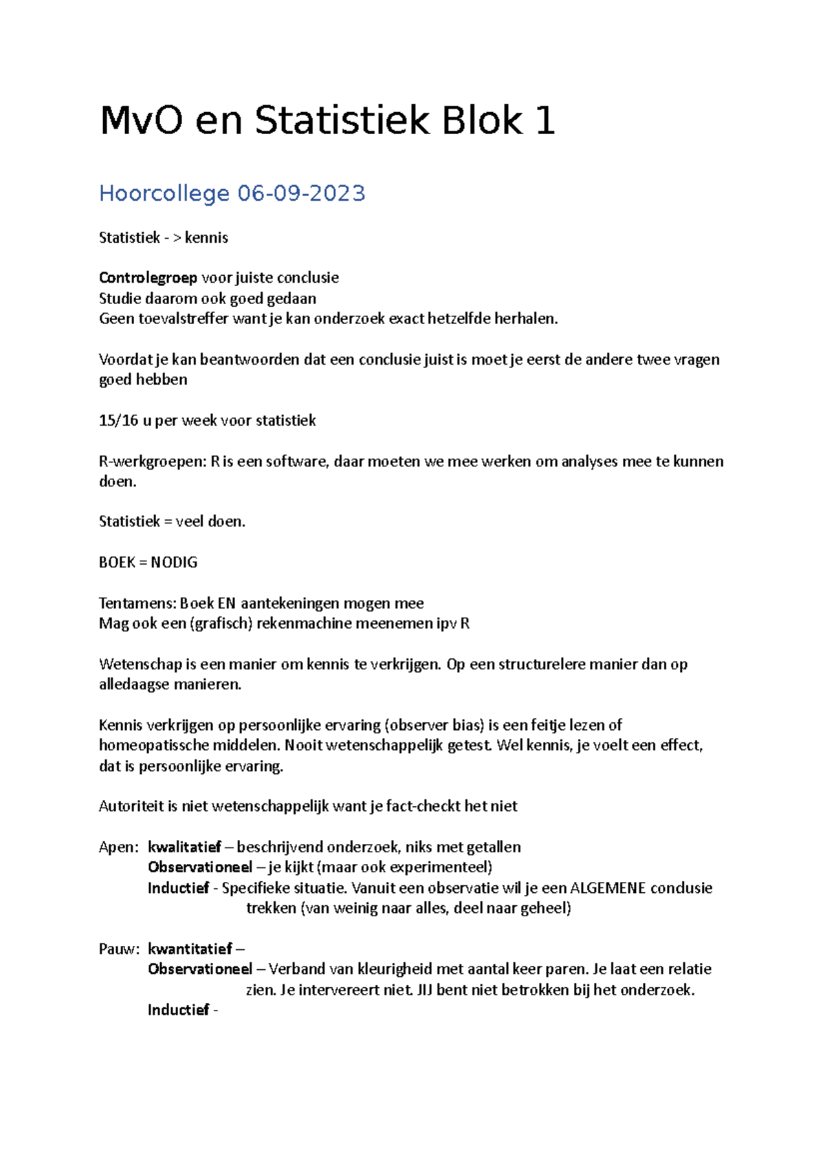 Mv OS Blok 1 - MvO en Statistiek Blok 1 Hoorcollege 06-09- Statistiek ...