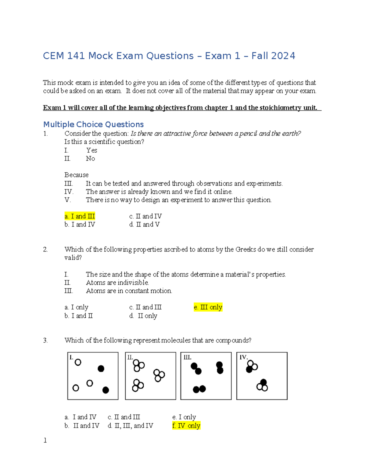 141 Mock Exam 1 key - Mock exam for exam 1 key - CEM 141 Mock Exam ...