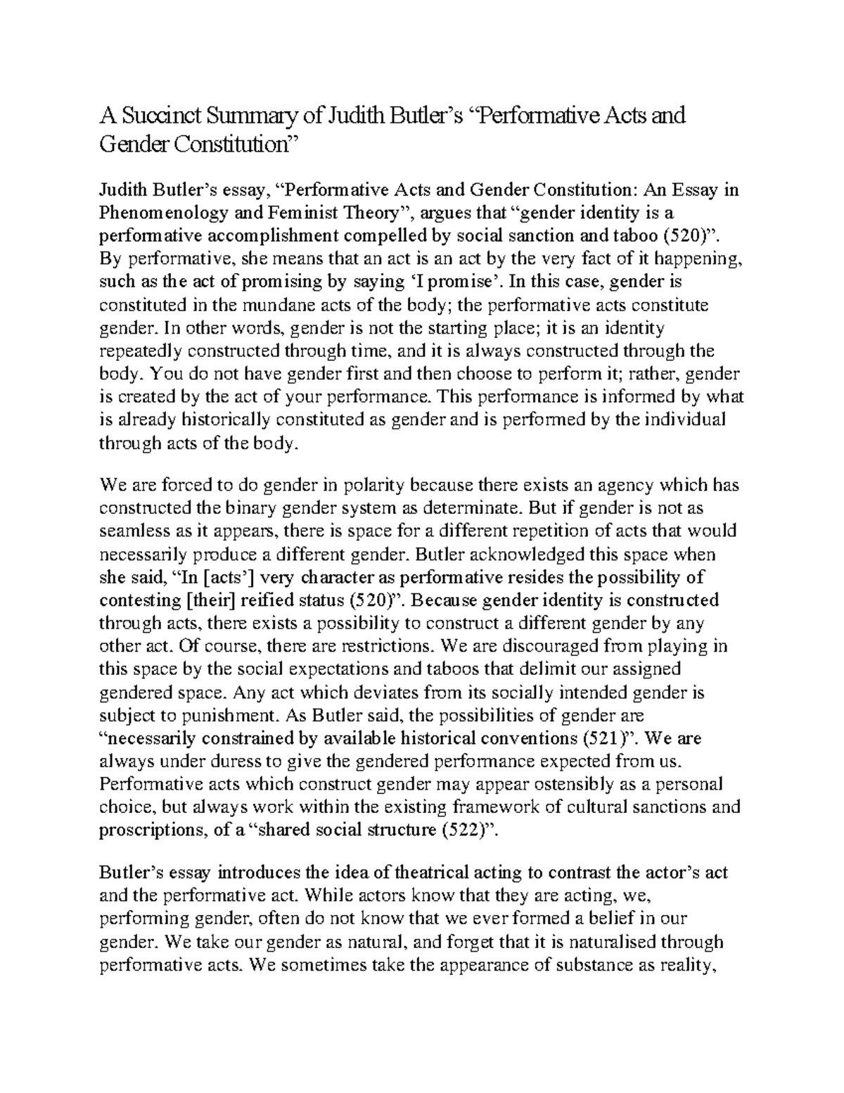 A Succinct Summary of Judith Butler - By performative, she means that ...