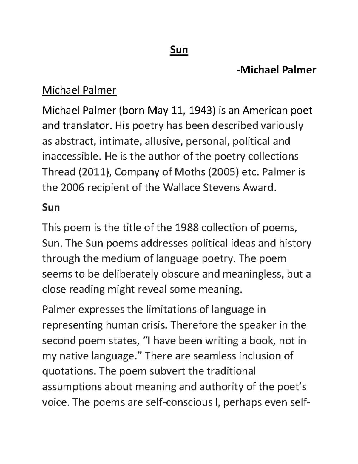 Sun - Notes - Sun -Michael Palmer Michael Palmer Michael Palmer (born ...