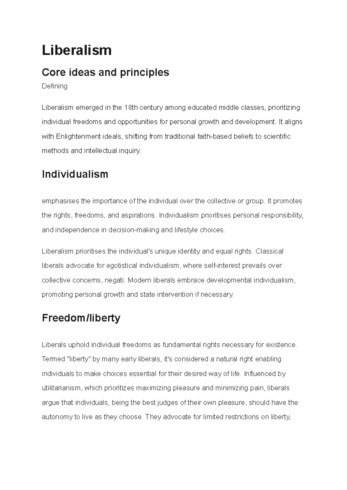 Liberalism - notes - Liberalism Core ideas and principles Defining ...